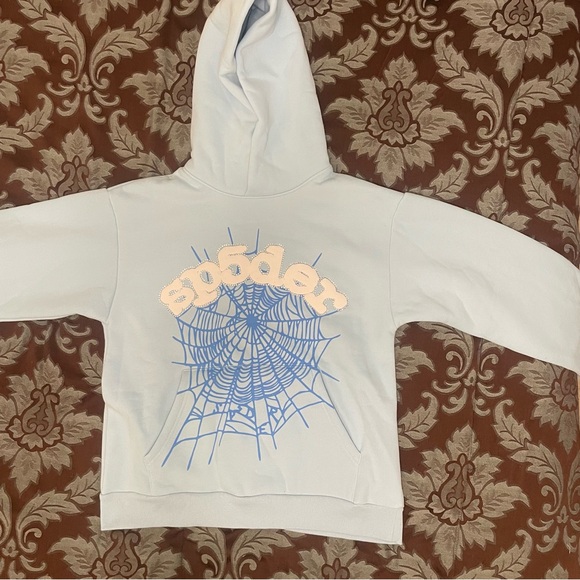 Sp5der | Jackets & Coats | Kids Spider Web Hoodie Light Blue And White ...